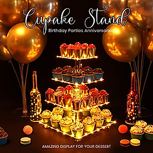 Utopia Home - Square Acrylic Cupcake Stand with Yellow LED Light Strings - 4 Tier Premium Cupcake Tower - Cup Cake Tier Stand for Dessert Table - Ideal for Weddings Birthday Parties