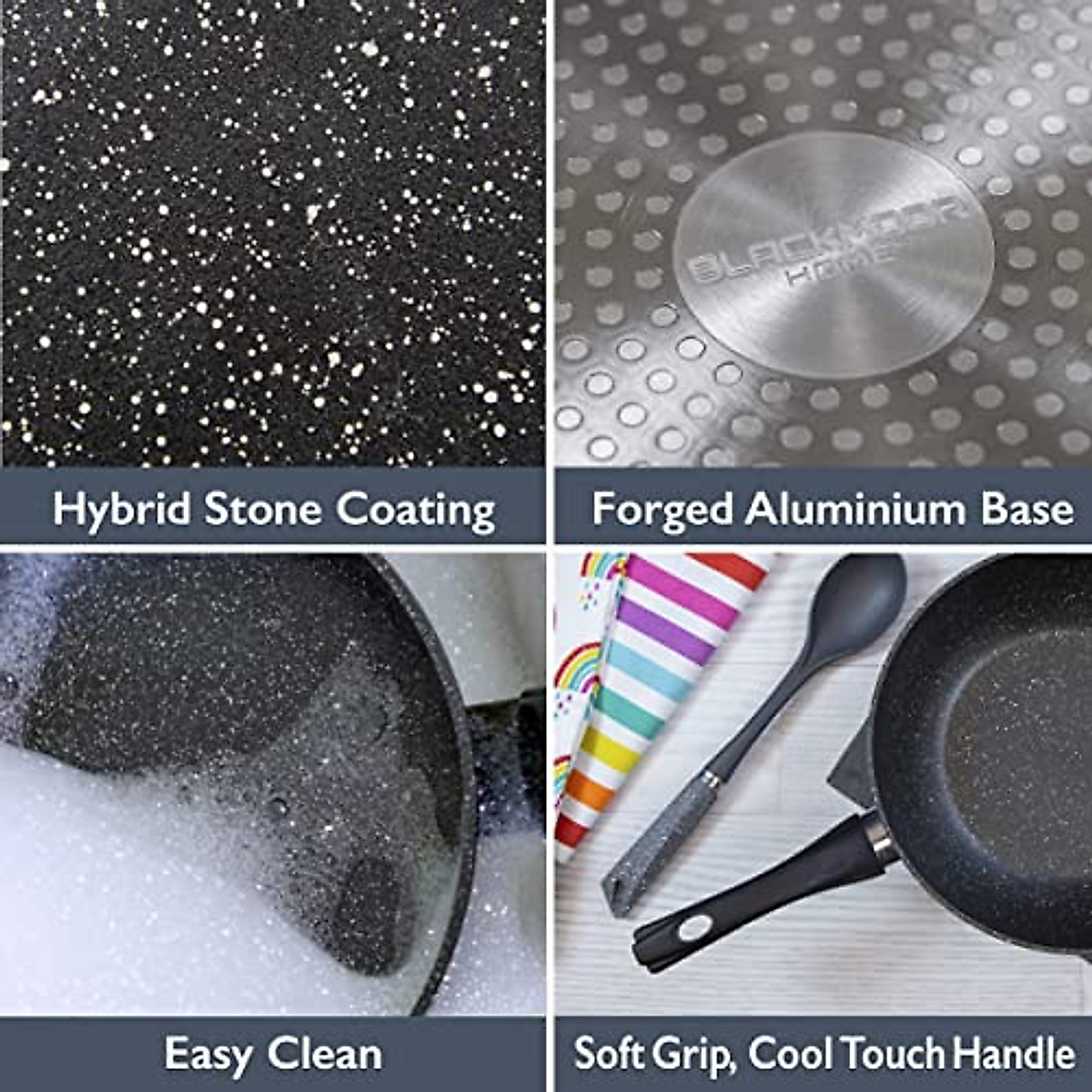 Blackmoor Frying Pans / 8", 9.5", 11" Sizes/Stylish Black Or Gray Marble Finish/Non-Stick & Anti-Scratch/Cool Touch Handle/Suitable for Induction, Electric and Gas Hobs (9.5", Black)