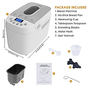 Patioer 3.3LB Bread Maker Machine Automatic Bread Machine with Dual Kneading Paddles 15-in-1 Breadmaker Dough Maker with Gluten Free Setting, 3 Loaf Sizes 3 Crust Colors, Nonstick Baking Pan, LCD Display, 15 Hours Delay Timer, White