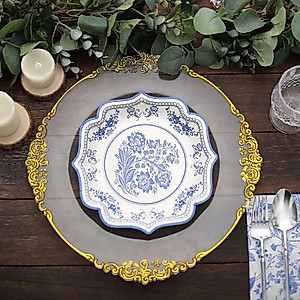 Tableclothsfactory 25 Pack | 8" White/Blue Chinoiserie Floral Print Paper Dessert Plates with Scalloped Rims, Disposable Salad Appetizer Plates - 300 GSM