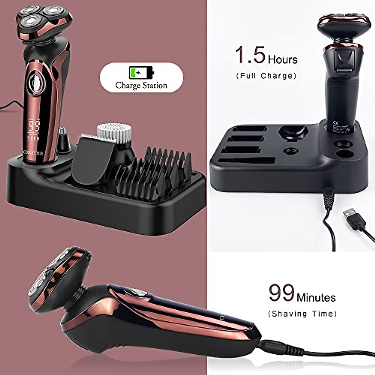 Electric Razor for Men, 4-in-1 Electric Shavers Cordless Face Shaver Rechargeable Men’s Razor Waterproof Rotary Shaver with Charge Station Nose Sideburns Trimmer Cleaning Brush Gift for Father Him