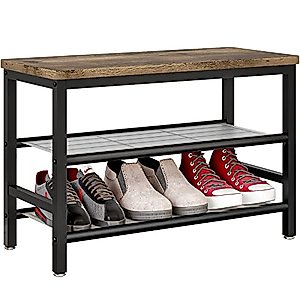 LINZINAR Shoe Rack Bench Organizer Storage 3 Tier Metal Shoe Shelf for Closet Entryway Bedroom with MDF Top Board Black