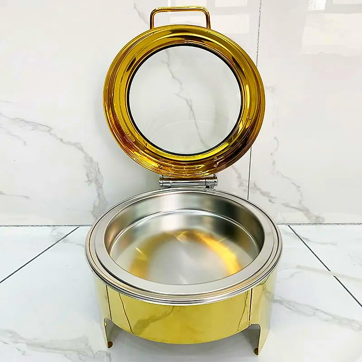 HONHPD 1 Pcs 6.8QT Round Chafing Dish Buffet Set,Gold Stainless Steel Buffet Servers and Warmers,Round Chafer Food Warmer with Glass Window Hydraulic Lid & Holder for Wedding Parties Catering,Golden