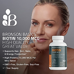 Bronson Biotin 10,000 MCG Supports Healthy Hair, Skin & Nails & Energy Production - High Potency Beauty Support - Non-GMO, 360 Vegetarian Tablets
