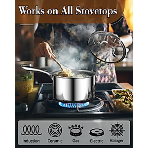Cook N Home Stainless Steel Saucepan 1.5 Quart, Tri-Ply Full Clad Sauce Pan with Glass Lid, Silver