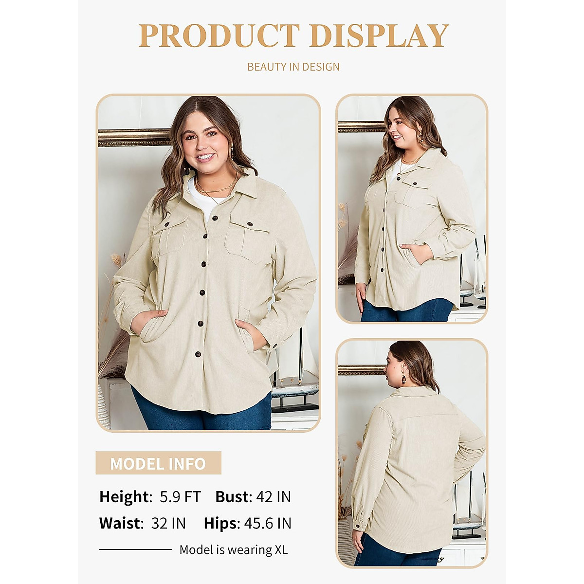 Eytino Womens Plus Size Shacket Jacket Oversize Long Sleeve Button Down Corduroy Boyfriend Shirts,4X Apricot