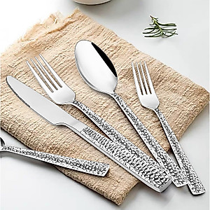 Paincco 60-Piece Hammered Silverware Set for 12, Stainless Steel Square Flatware Cutlery Set, Eating Utensils Sets Include Knife Fork Spoon, Modern Design & Mirror Polished - Dishwasher Safe