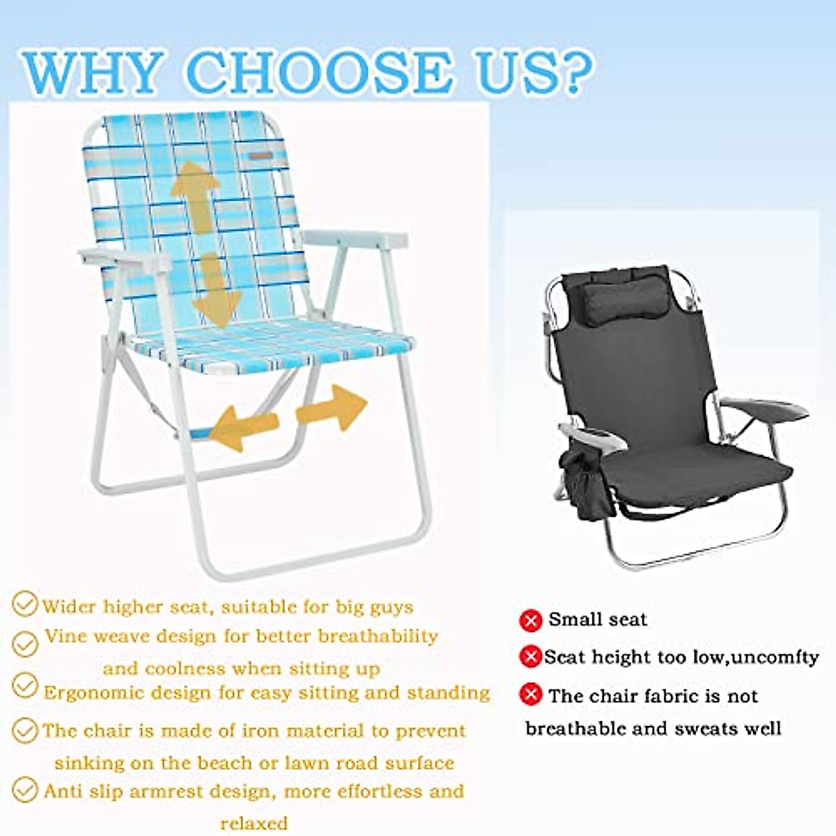 #WEJOY Lightweight Webbing Beach Chair Folding Webbed Beach Chairs Ultralight Web Lawn Chair Portable High Back Camping Chairs Outdoor Folding Chairs for Sand, Concert, Garden, Grey/Blue
