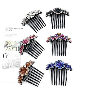 Lawie 6 Pack Luxury Sparkly Glitter Flower Leaf Rhinestone Black Plastic Side French Twist Hair Combs Long Teeth Slide Hairpins Barrettes Bun Chignon Clips Long Thick Hair Holder Accessories for Women