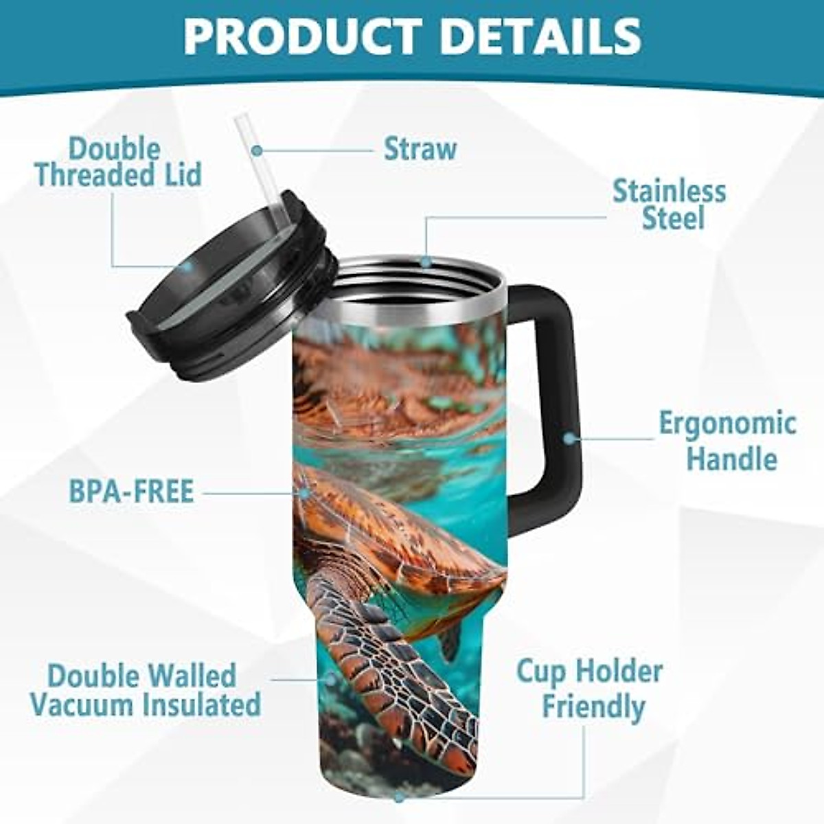 FRCSDIY Underwater Turtle Insulated Tumbler with Handle and Straw Lid,30oz Leakproof Stainless Steel Cup BPA-Free Water Bottle