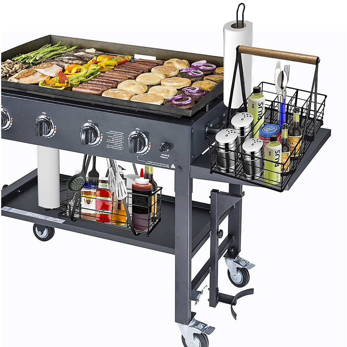 LELOCLE Picnic Caddy and Grill Utensil Caddy,Condiment Caddy, Grill-Caddy,Adjustable Compartment Storage,with 3 Hooks,Sturdy Thick,Easy Carry,Quick Assemble Grill Accessories Storage-Black