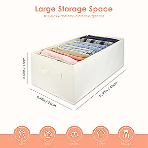 LEEFONE Large 10 Grids Wardrobe Clothes Organizer Jeans Organizer Closet Drawer Clothes Organizer Storage Box for Pants, Shirt, Coat, Sweaters, Sturdy PP Board Support Foldable Washable (1 PC, White)
