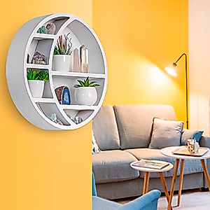 White Crescent Moon Shelf for Crystals, Wiccan Decor Crystal Shelf for Essential Oils, Wooden Moon Decor Crystal Display for Bedroom Bathroom and Kitchen Wall Mounted