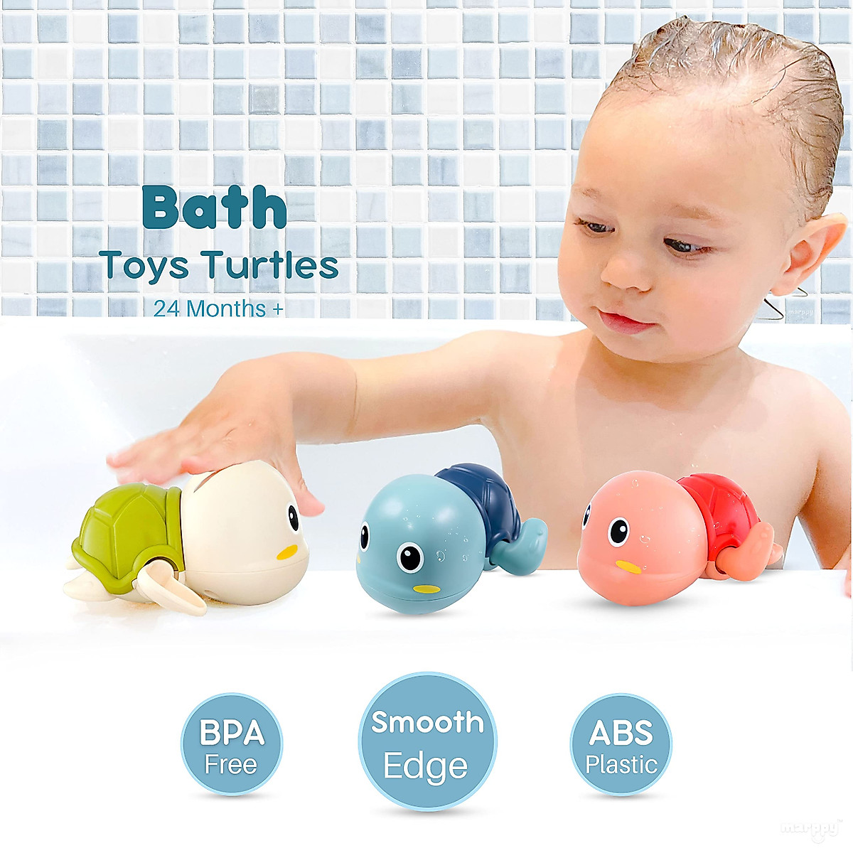 MARPPY Toddler Bath Toys, 3 Swimming Bath Toys Turtles and 1 Fishing Net, Wind - Up Bath Toy, Bathtub Toys and Pool Toys for Toddlers Kids, Boys and Girls, Age 2 3 4 5 Year Old