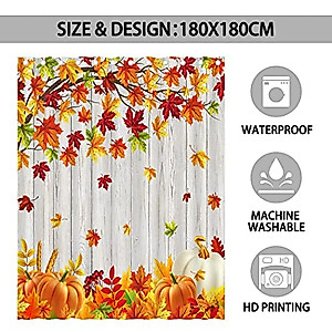 Juirnost Fall Shower Curtain Autumn Thanksgiving Day Pumpkin Shower Curtain Farmhouse Falling Maple Leaves Rustic Wooden Board Shower Curtain Home Bathtubs Decors 12 Hooks Washable Polyester 72"x72"