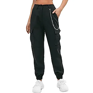 ZAFUL Cargo Pants for Women High Waisted Jogger Pants Outdoor Sweatpants Casual Pants with Chain (1-Black,M)