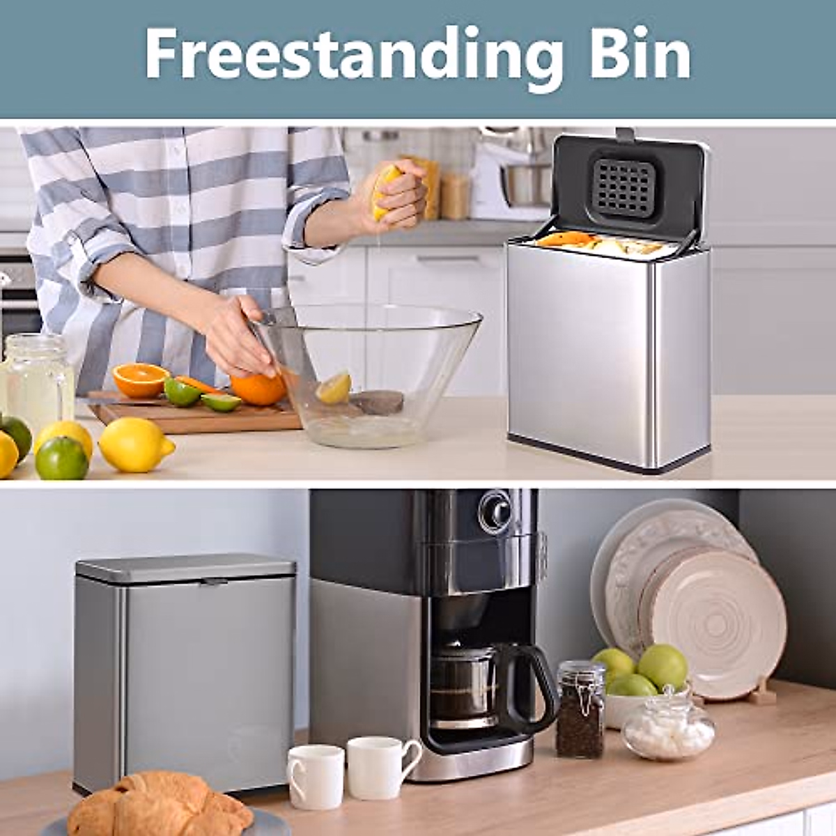 LAND·VOI Hanging Kitchen Compost Bin 6 Liter/1.6 Gallon, Small Trash Can with Detachable Inner Bucket for Cupboard/Countertop/Bathroom/Camping, Includes Charcoal Filter, Brushed Stainless Steel