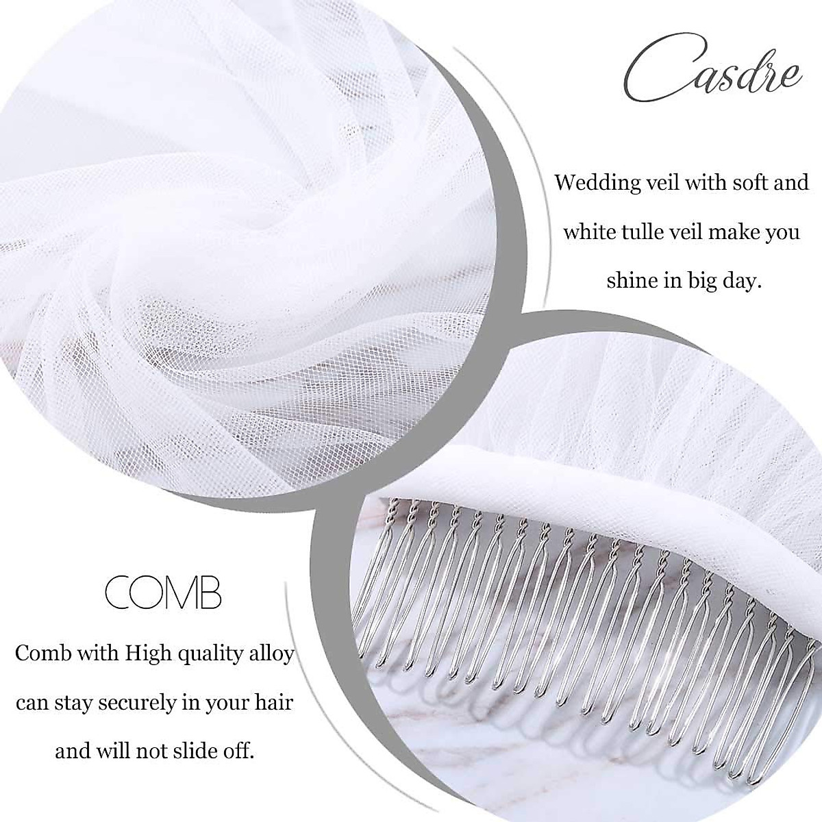 CASDRE Wedding Veil 1 Tier Waist Fingertip Length Bridal Tulle Veils Cut Edge Veil with Comb for Brides (A White)