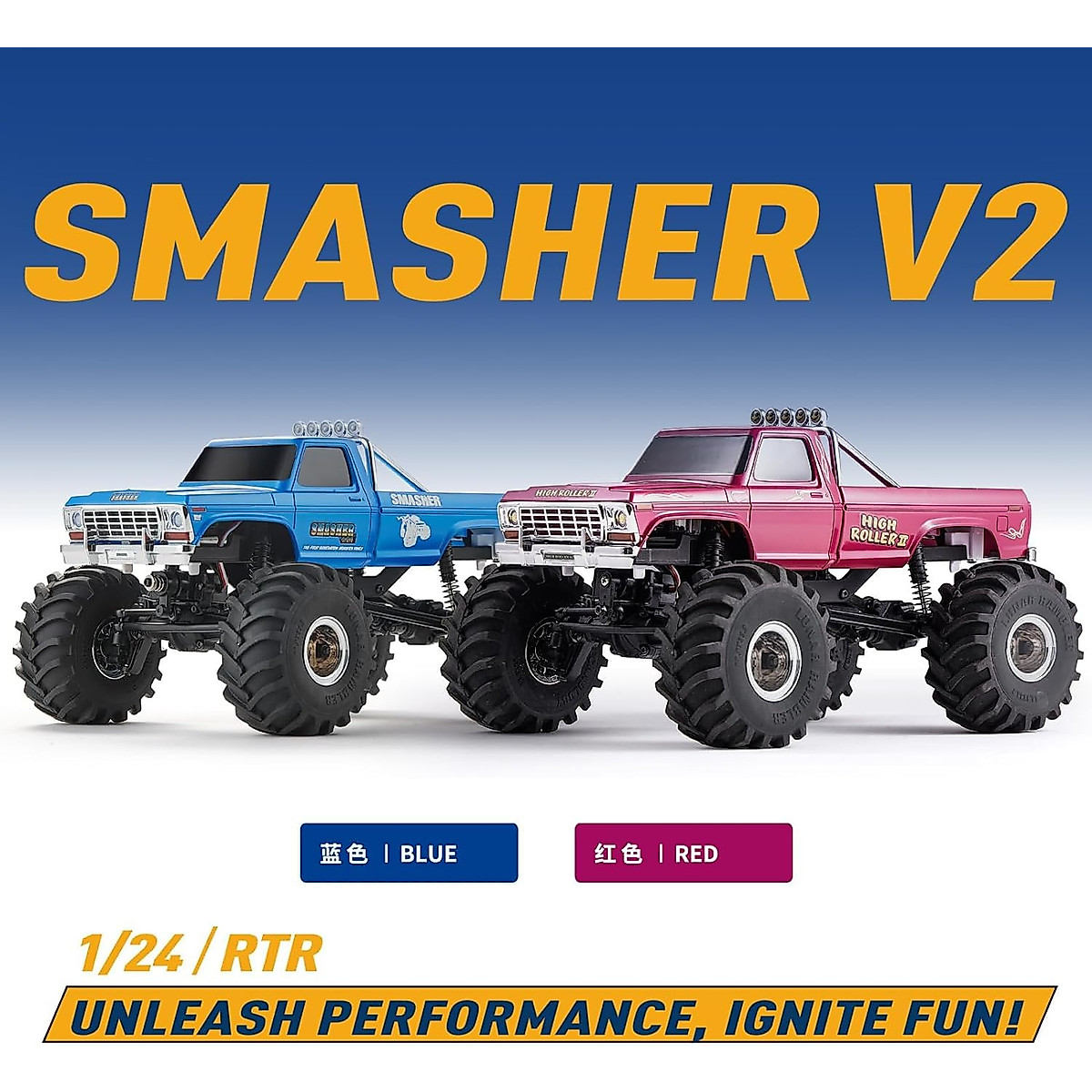 EAZYRC X FMS Fcx24 Smasher 1/24 RC Crawler RTR, RC Monster Truck 4x4, 8+ kph 2-speeds Transmission Off-Road with Battery,USB Charger and 2.4Ghz Remote Control for Adult (Blue)