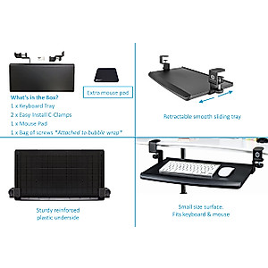 ErgoActive Keyboard Tray Under Desk with Included Mouse Pad and Easy Clamp On Installation, Fits Small Keyboard and Mouse - Small (20" x 11.8”)