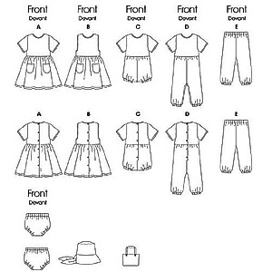 BUTTERICK PATTERNS B5624 Infants' Dress, Jumper, Romper, Jumpsuit, Panties, Hat and Bag, Size NB0 (NB-S-M)