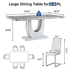 Tatub 70.87" Modern Dining Table Set for 6-8, Faux Marble Dining Table with 6 PU Leather Chairs, Rectangular Dining Room Table with Grey Marble Tabletop for Dining Room, Kitchen, Living Room