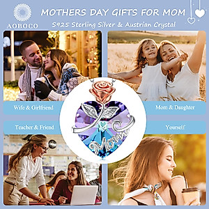 AOBOCO Mothers Day Rose Necklace Jewelry Gifts for Grandma Mom, Sterling Silver Pendant with Heart Purple Crystal