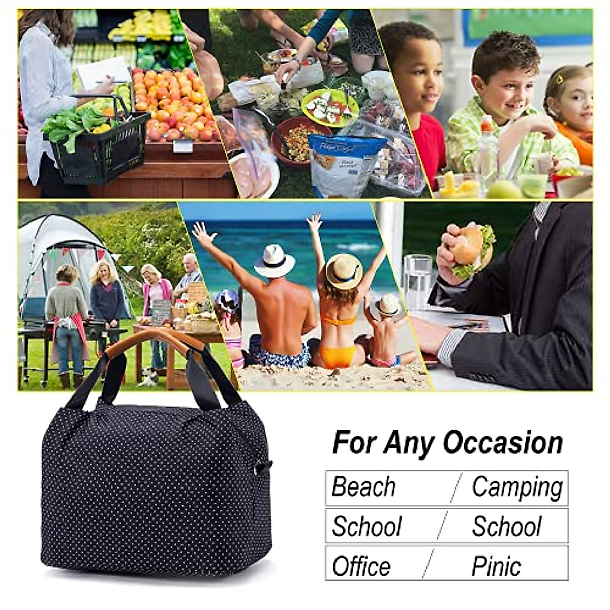 CALIYO Lunch Bag for Women, Insulated Kids Lunch Container with Leather Holder, Foldable Cute Small Cooler Polka Dot Lunch Tote Bag for Office School Picnic Camping Travel, 9L,Black