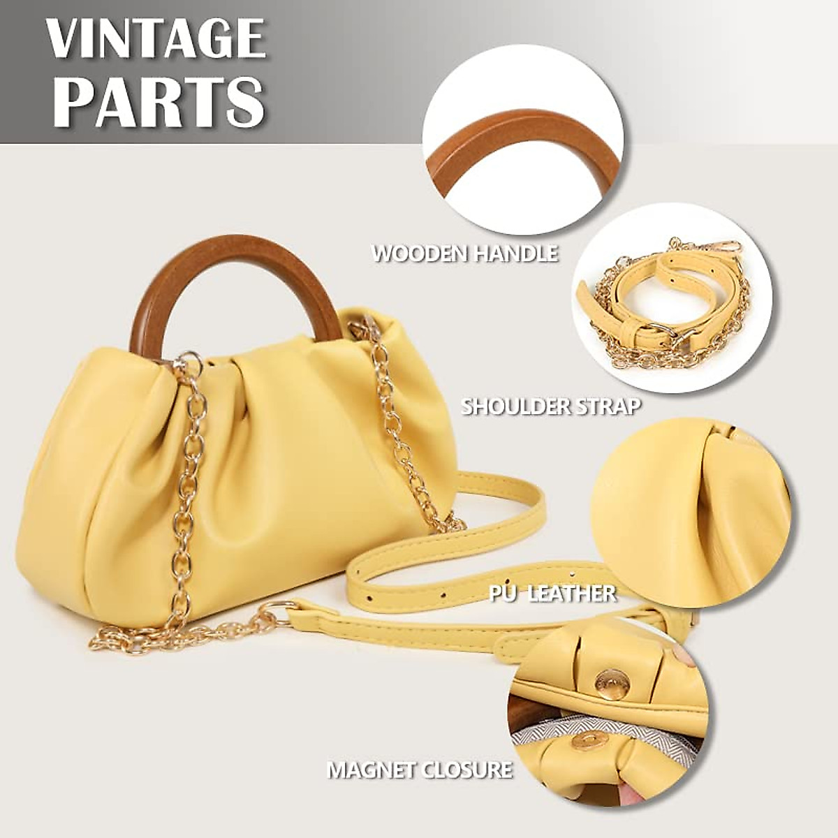 Small Top Handle Bag Clutch Mini Evening Bags Crossbody Shoulder Bag Ruched Pleated PU Vegan Leather Purse for Women(Yellow-1)