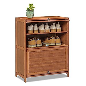 MoNiBloom 4 Tier Shoe Cabinet, Bamboo Free Standing Shoe Shelf Storage Rack with Flip Doors for 9-12 Pairs Home Entryway Hallway Office Bedroom, Brown