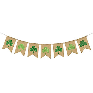 Whaline St. Patrick's Day Banner with Wooden Beads Glitter Green Shamrock Garland Burlap Banner Pre-Assembled Wooden Beads Clover Banner Fireplace Wall Hanging for Party Home Decoration