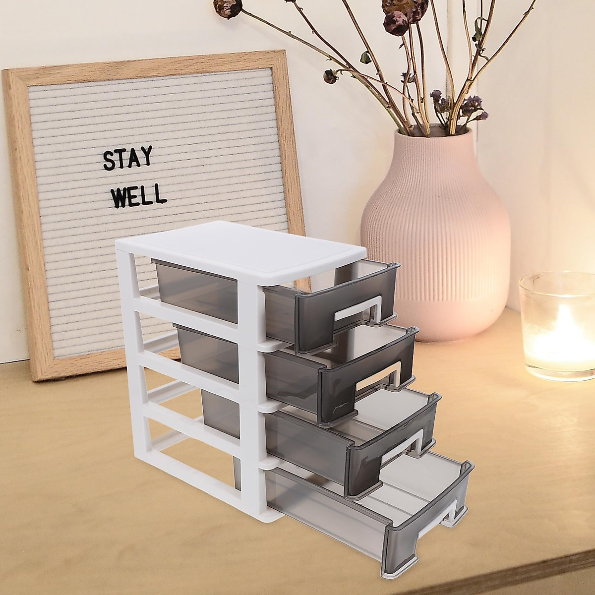 BESPORTBLE 4 plastic drawer Plastic Storage Drawers- Drawer Storage Organizer White Frame with Clear plastic desktop drawers Drawers