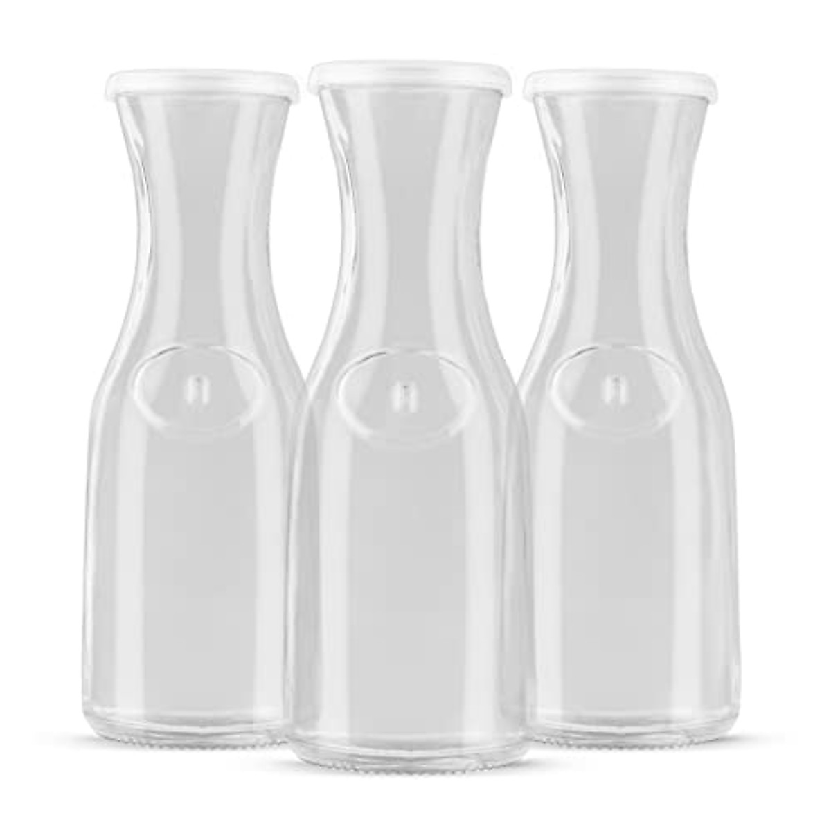 Large Glass Carafe Pitchers, By Kook, 50 oz Beverage Dispensers, Clear Jugs For Mimosas, Water, Wine, Milk and Juice, with Plastic Lids, Dishwasher Safe, of 3