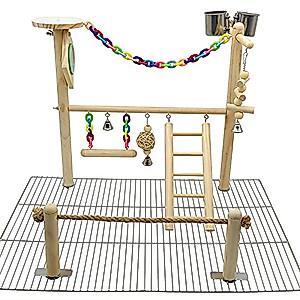 Bird Playground for Top of Cage, Parrot Gym Hanging Chewing Toys, Cage Top Play Stand for Conure, Parakeets, Budgie, Cockatiels, Lovebirds, Bird Wood Perch Cage Toys