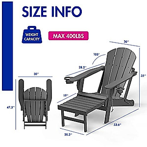 BRIOPAWS Folding Adirondack Chairs with Ottoman Set of 2, Weather Resistant HDPE Patio Chair w/Cup Holders & Retractable Footrest for Poolside Lawn Fire Pit Deck Outdoor Porch Campfire, Grey, 2 Pack