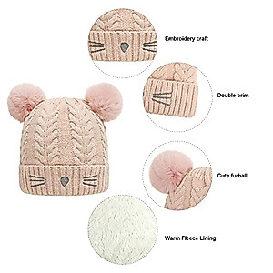 BUBO.YAA Baby Girl Winter Hat Cable Knit Baby Beanie for Infant Toddler Double Faux Fur Pom Pom Beanie with Fleece Lining