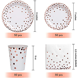 hapray 201PCS Disposable Paper Plates Rose Gold Party Supplies, Polka Dots Birthday and Baptism Decorations, include Cups, Napkins, Plastic Tablecloth, for Baby Shower