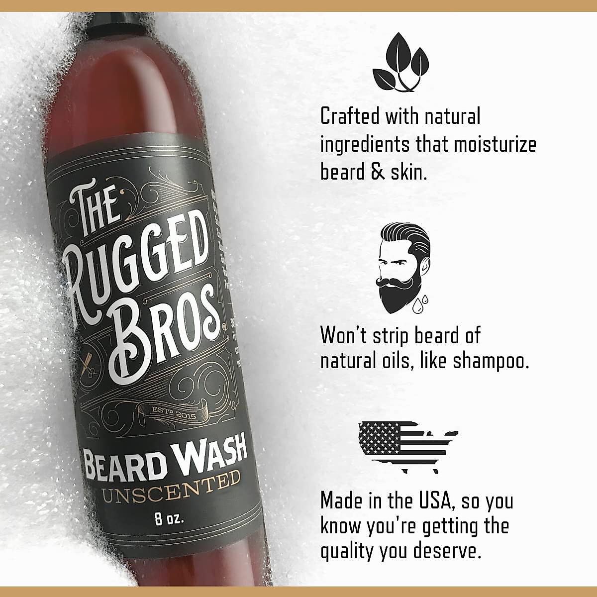 The Rugged Bros Beard Wash Unscented for Face and Beards - Natural Shampoo Made with Organic Aloe Vera Leaf Juice - Cleanses Facial Oil and Dirt While Softening and Moisturizing