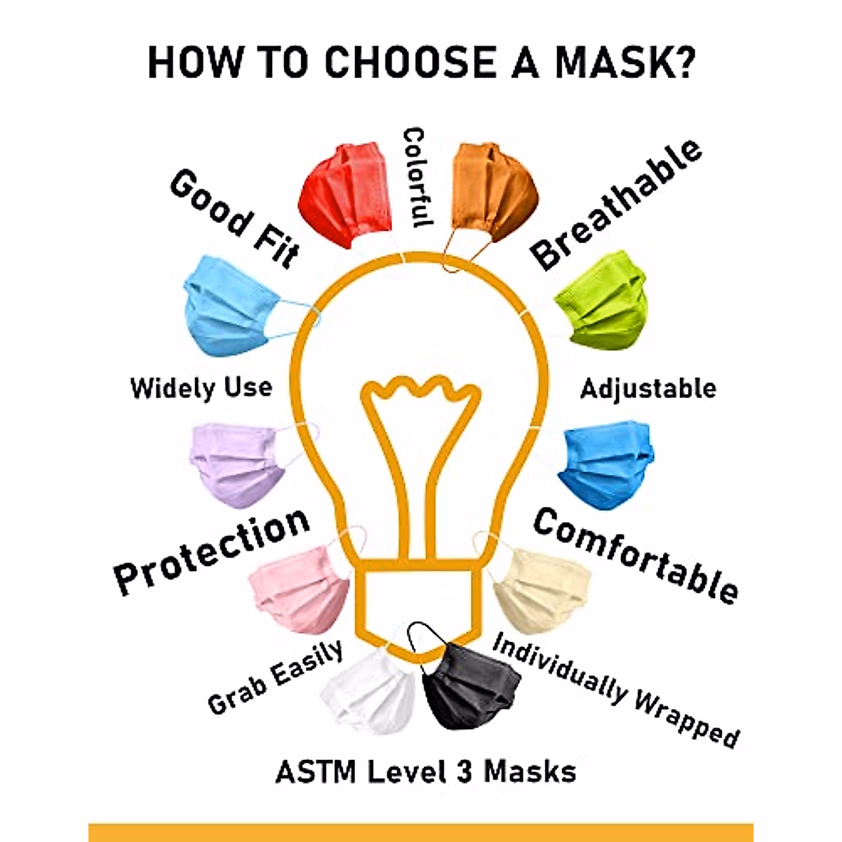 TeNice Masks Disposable 100 Pack, Individually Wrapped Colorful 4 Ply Face Mask for Adults Extra Protection, ASTM Level 3 Medical Grade with 10 Vibrant Colors