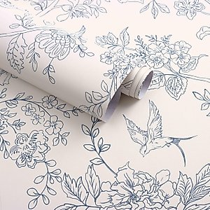 Froluya Vintage Floral Wallpaper Peel and Stick Wallpaper 118"x17.7" Removable Boho Peel and Stick Wallpaper Self Adhesive Wall Paper for Bedroom Cabinets Shelf Liner Vinyl Roll,Cream White and Blue