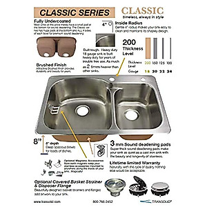 Transolid CTSB25228-3 Classic Single Bowl Kitchen Sink, 22 1/64" L x 25" W x 9" H, Brushed Stainless Steel