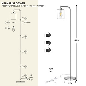 QiMH Industrial Floor Lamp for Living Room, Modern Standing Lamp with HD Glass Lampshade and Pedal Switch, 67” Tall Pole Light for Bedroom Study Room, Brushed Silver (2700K LED Bulb Included)