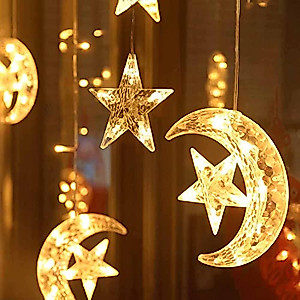 Janchs Solar String Lights Outdoor Ramadan Eid Decorations, 8 Modes Waterproof 138LED Solar Powered Star Moon Curtain Lights Window Fairy Lights for Backyard Garden Patio Home Christmas Ramadan Decor