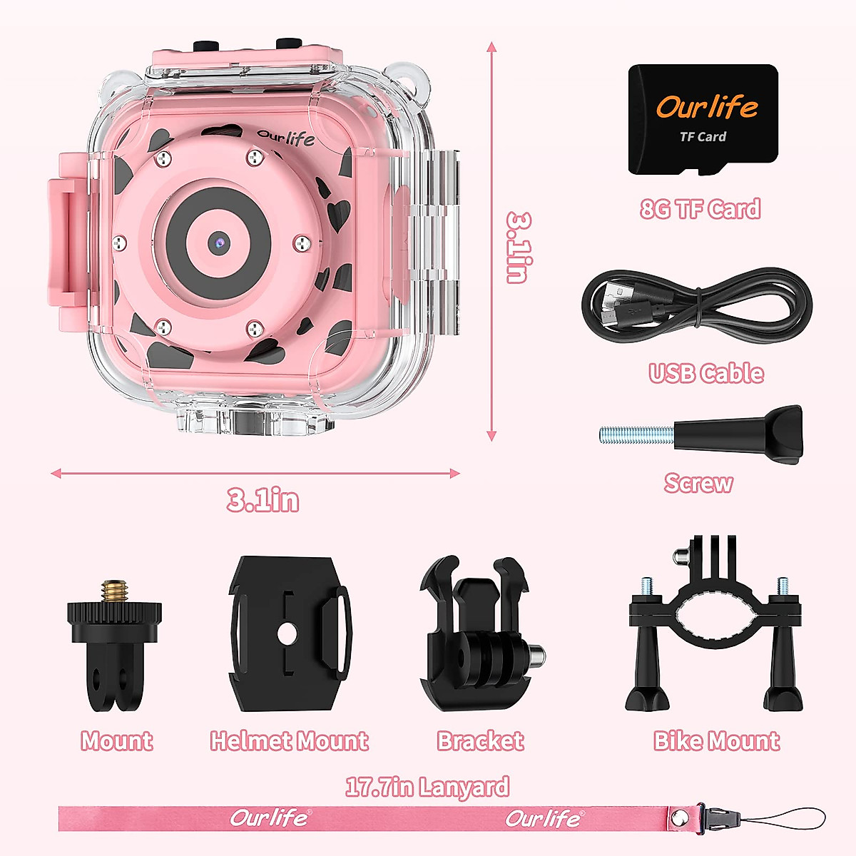 Ourlife Waterproof Camera for Kids, 1080P HD Kids Digital Action Camera Underwater Camera with 8GB SD Card, Birthday Gift Toys for Girls Age 3-14