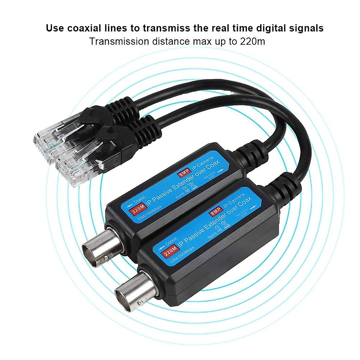 Demeras 1Pair 10/100Mbps 1CH IP Network Transmitter, Fast and Easy to Install Passive IP Network Coaxial Transmitter Receiver Extender for IP NVR Camera
