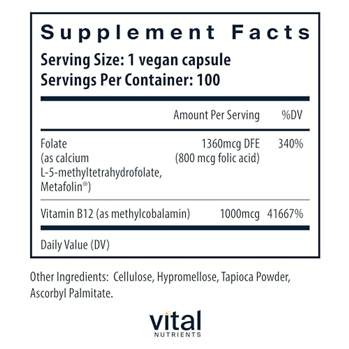Vital Nutrients Vitamin B12 & Methyl Folate | Vegan Methylated Folate and B12 Supplement | Supports Nervous System & Metabolism* | High-Potency B12 Vitamins * | Gluten, Dairy, Soy Free | 100 Capsules