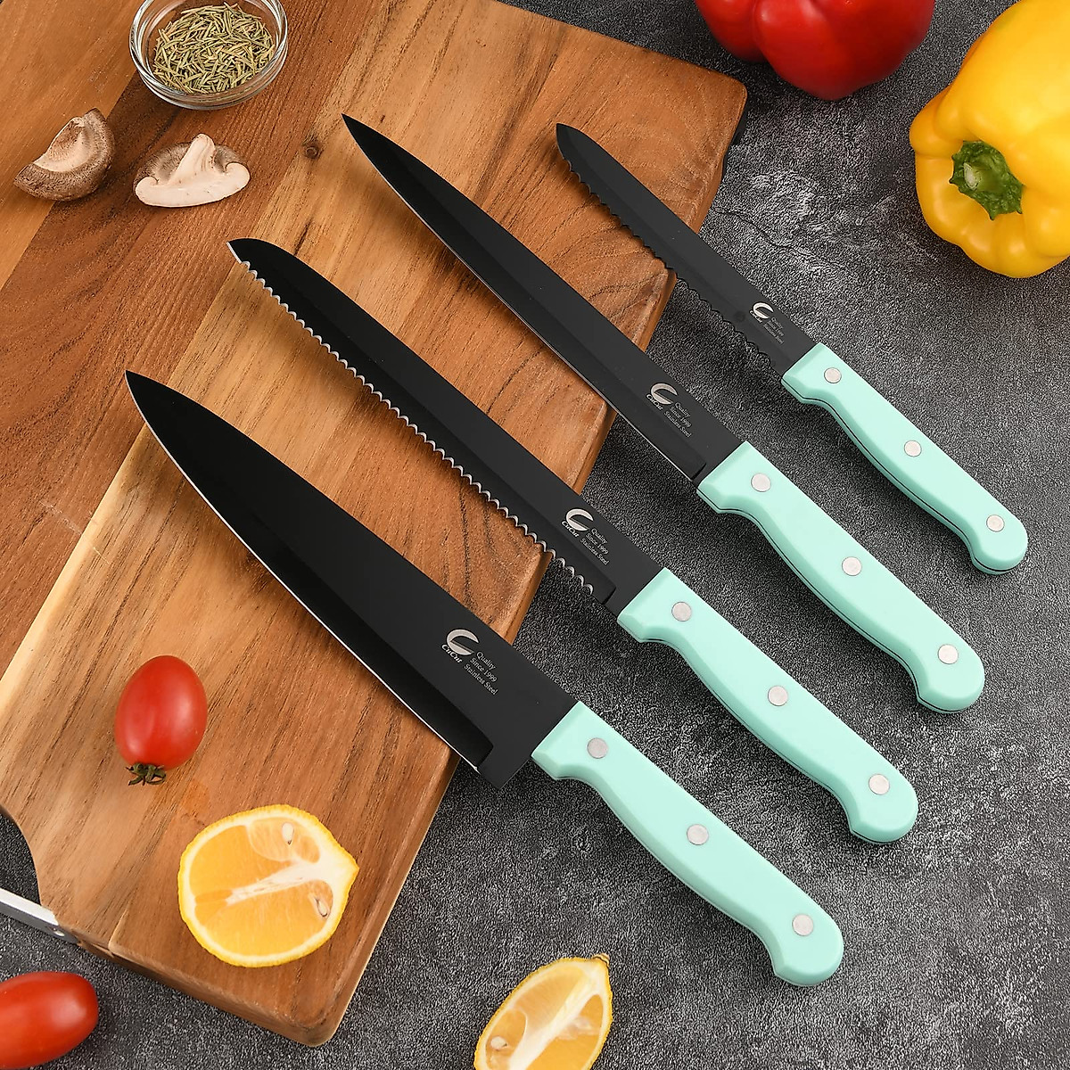 CuCut Knife Set, 16 Pieces Dishwasher Safe Kitchen Knives with Steel Block, German Stainless Steel Knife Block Set with Knife Sharpener