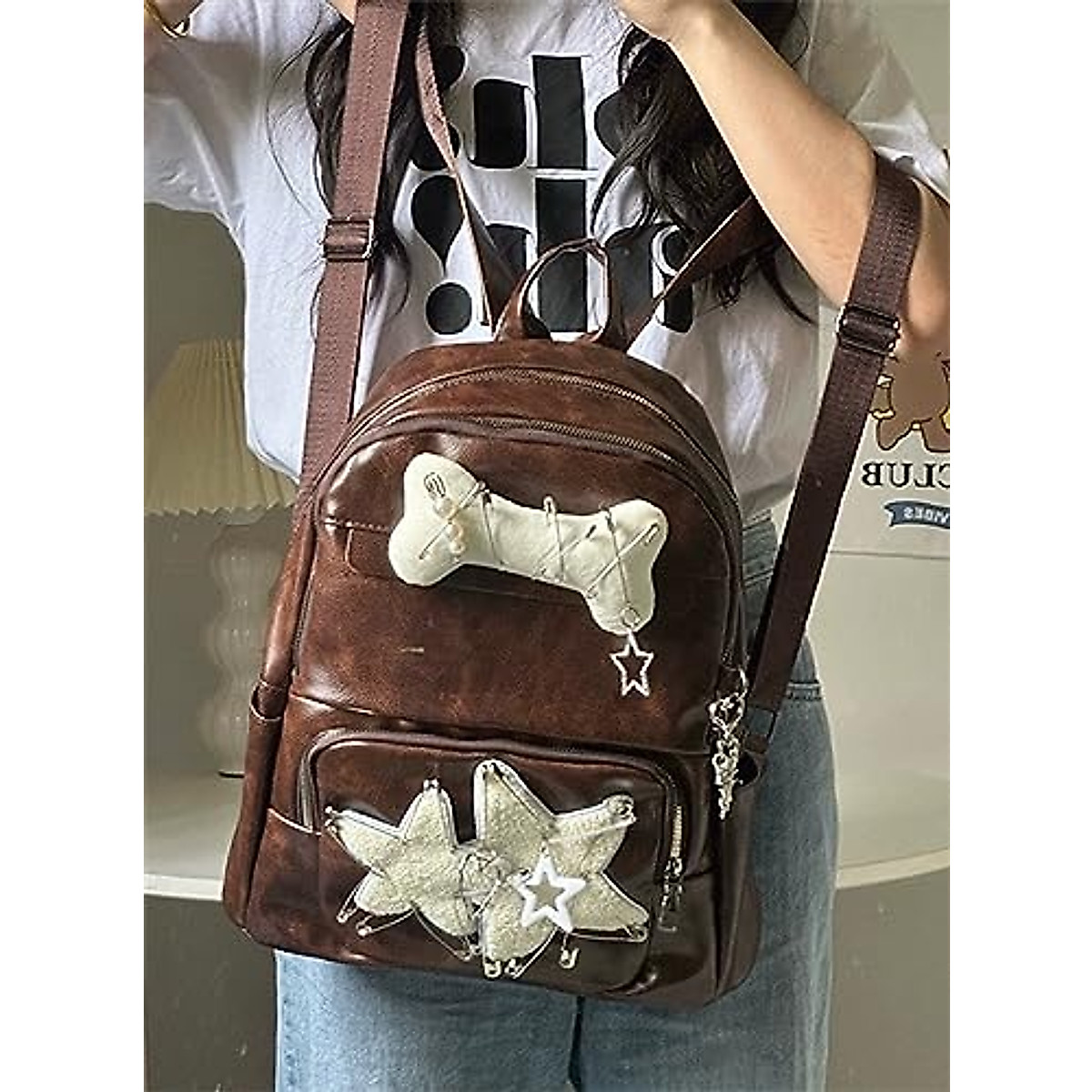 JHTPSLR Y2K Gothic Backpack Vintage Aesthetic PU Leather Backpack Y2K Gothic Accessories Backpack Grunge Y2K Backpack Trendy Backpack (Retro Brown)