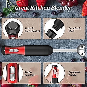 Immersion Hand Blender 5 in 1,Powerful 20 Speed Handheld Stick Blender with 800ml Beaker,500ml Food Chopper,Stainless Steel Whisk and Ice Crush Blade,BPA-Free for Smoothie, Baby Food, Sauces Red,Puree, Soup