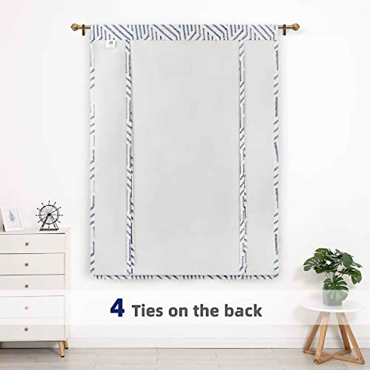 DriftAway Farmhouse Linen Lined Valance Double Layer Thermal Insulated Room Darkening Blackout Valances 3.5 Inch Rod Pocket Striped Tie Up Valance Single 45 Inch by 63 Inch Briony Navy